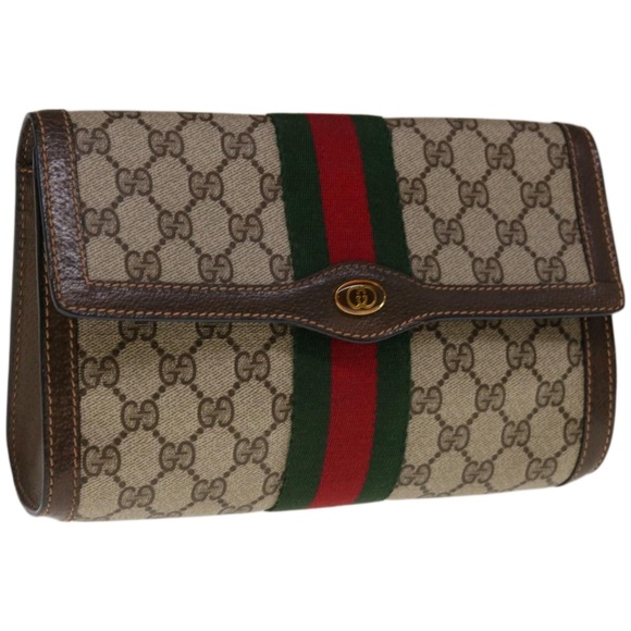 Gucci | Bags | Gucci Gg Canvas Web Sherry Line Clutch Bag Pvc Beige Red ...